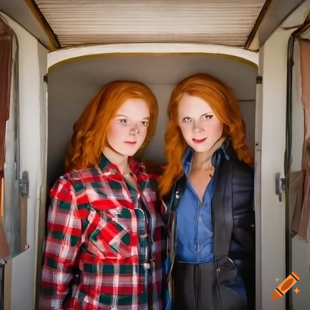 Two ginger female twins in country-plaid shirts and high-waist black ...