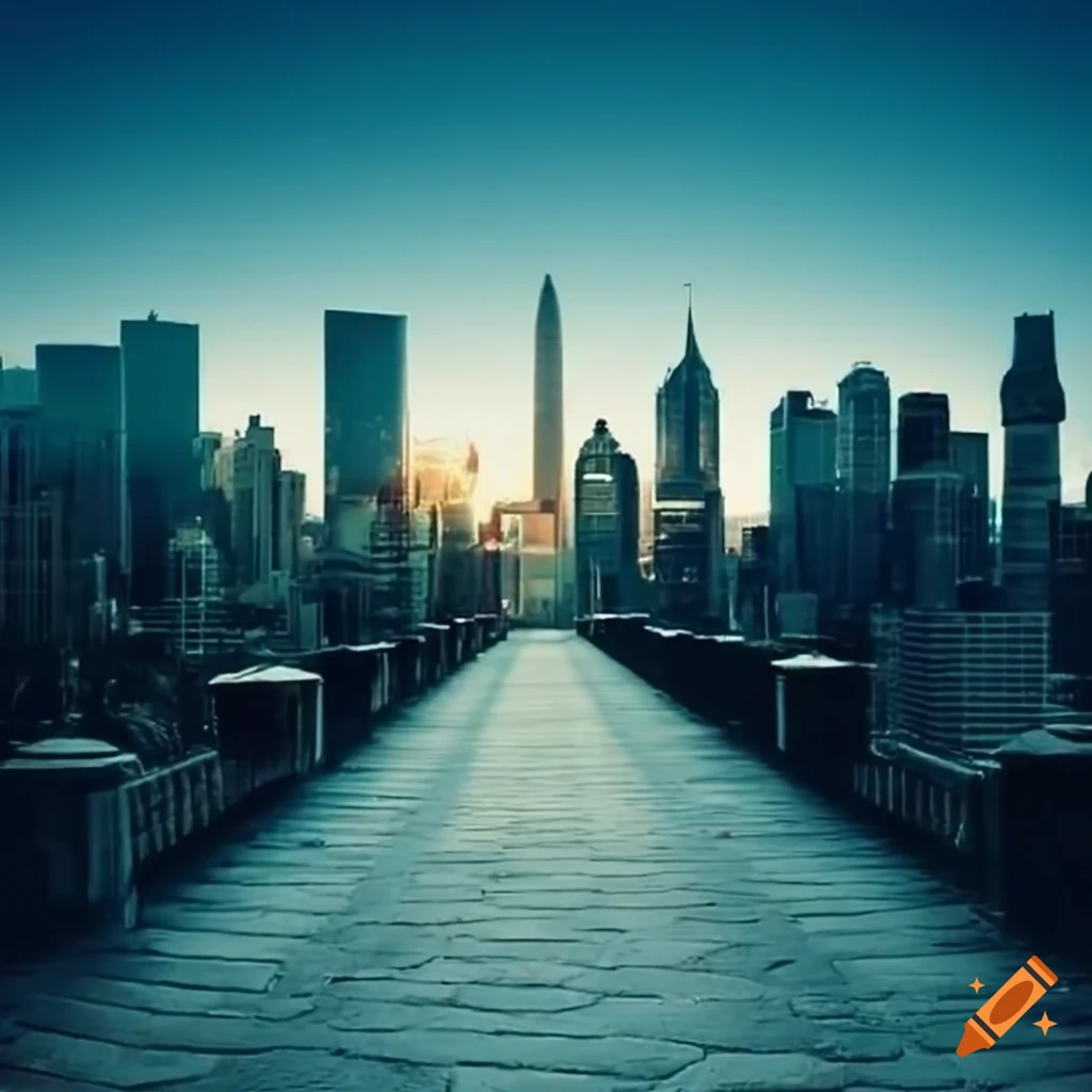 City skyline view from the sidewalk on Craiyon