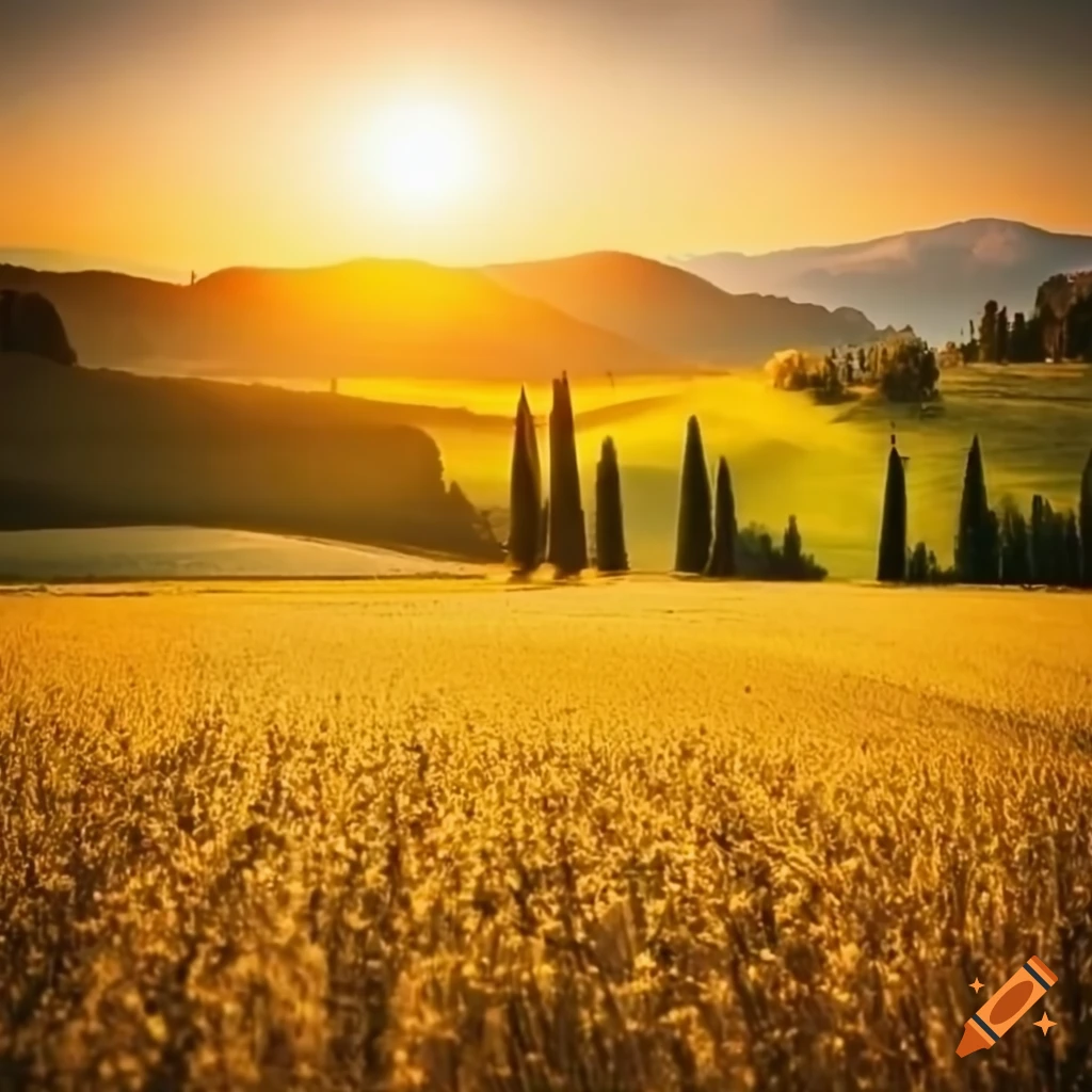 Campo di grano in toscana con cipressi al tramonto on Craiyon