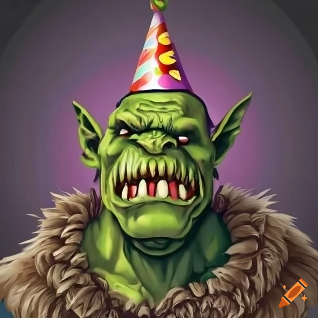 Orc wearing a party hat and celebrating on Craiyon