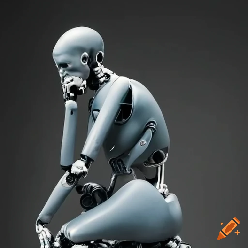 Robot in the pose of the thinker on Craiyon