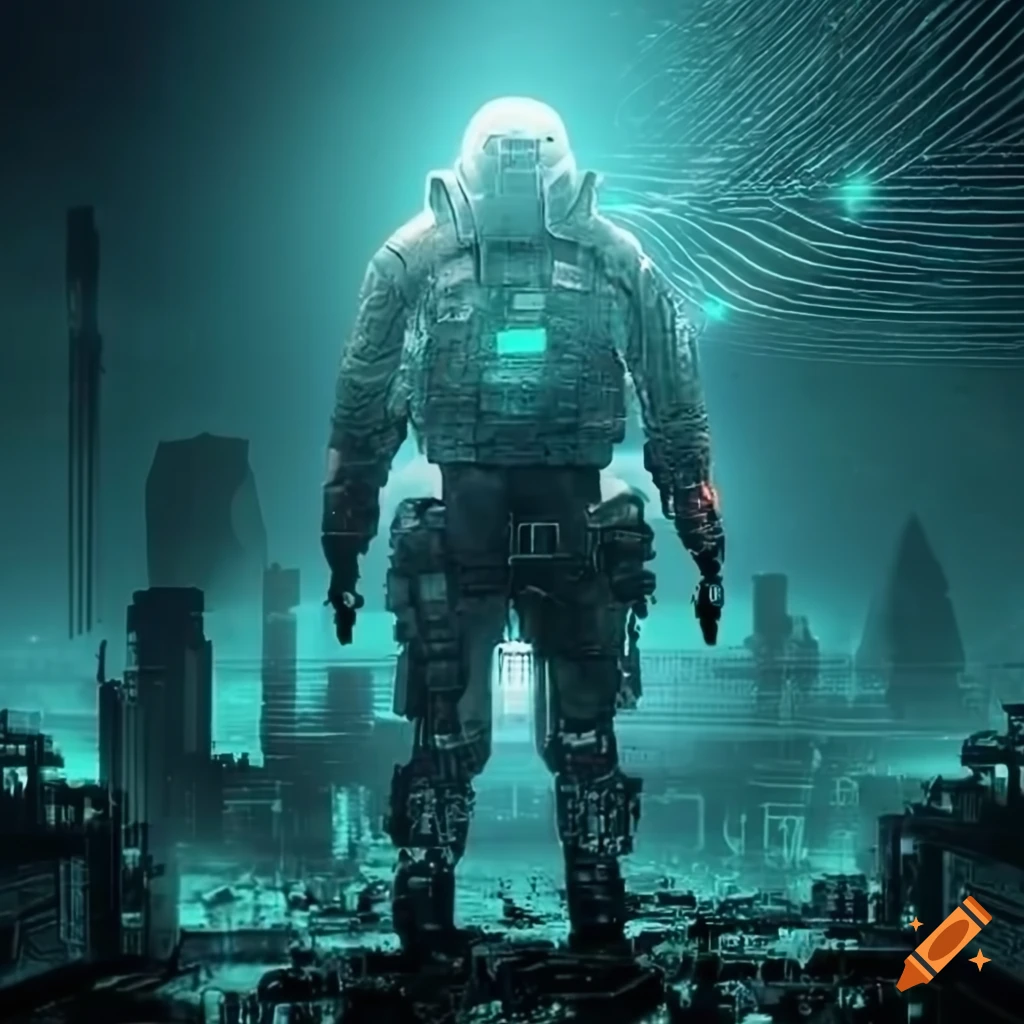 Futuristic digital battlefield with lines of code clashing on Craiyon