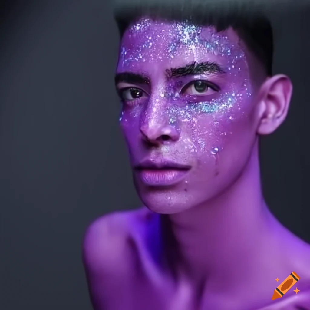 Ai cyborg with a handsome purple glitter human body on Craiyon