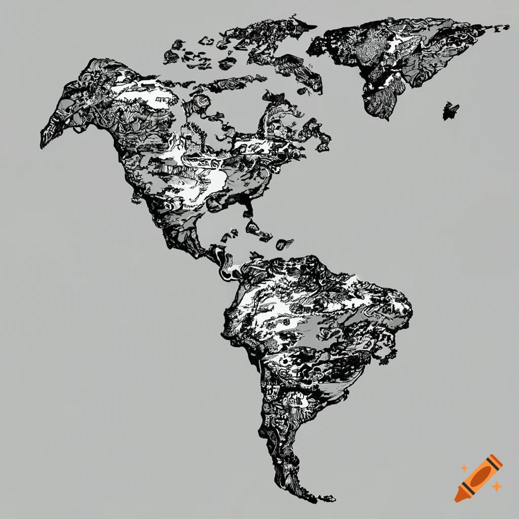 Aerial view tabletop role-playing game map of north america in black ...