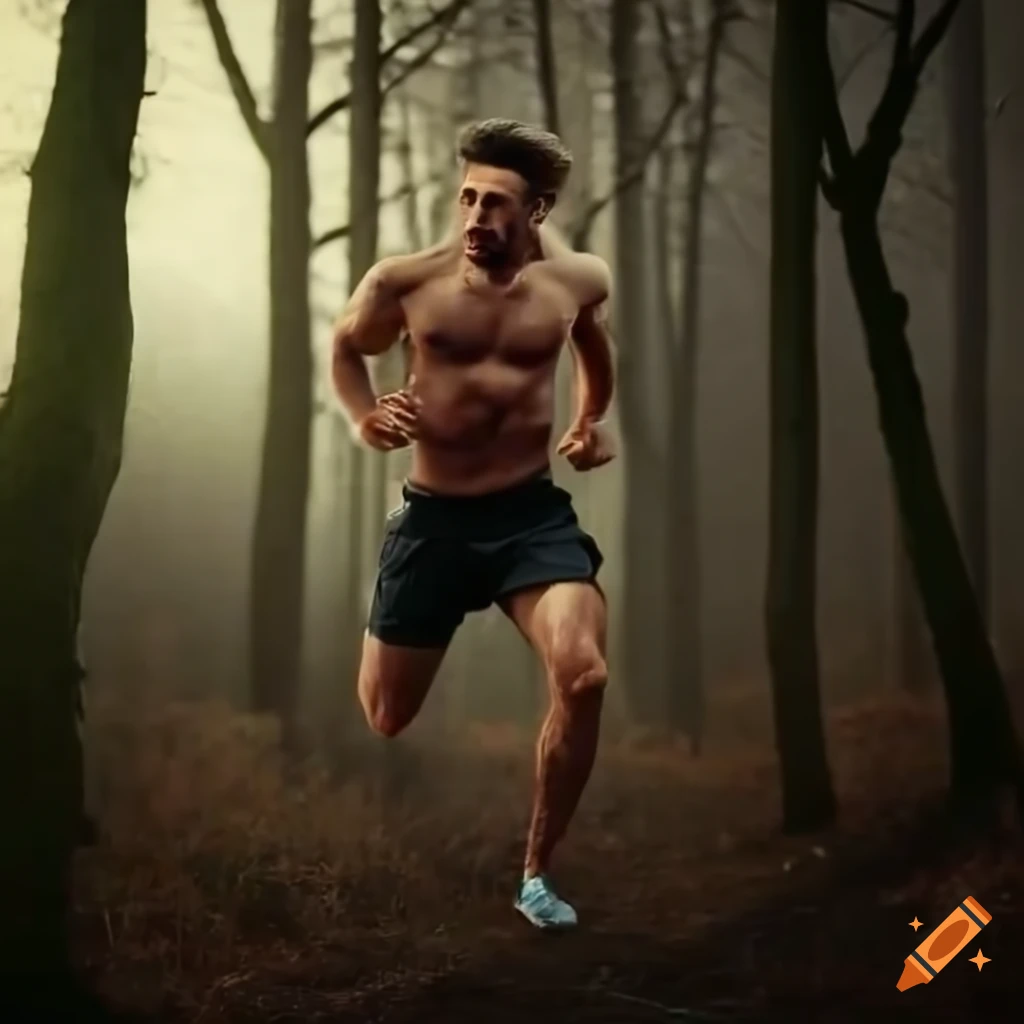 Athletic guy running in a forest at dusk on Craiyon