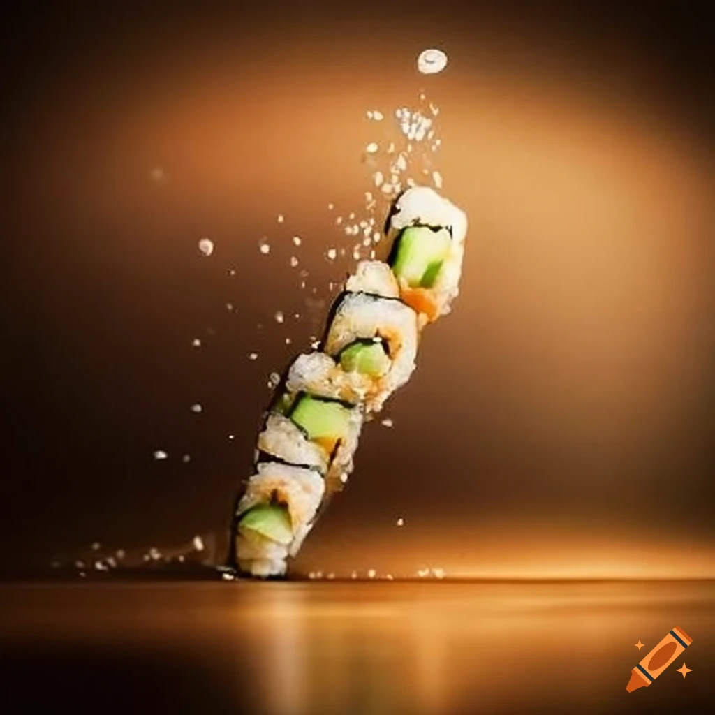 Sushi rolls falling with splash on Craiyon