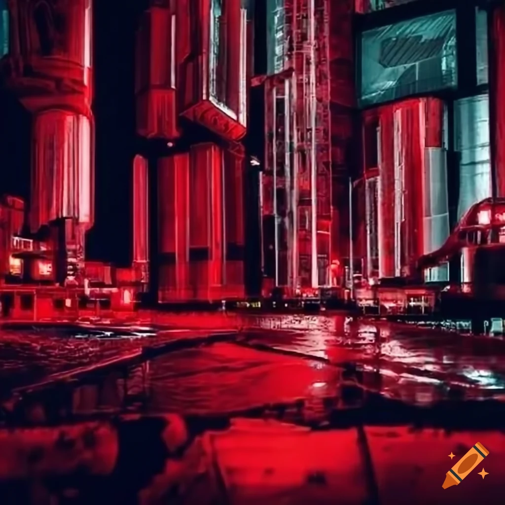 Giant dystopian city with 80s style and red color palette on Craiyon