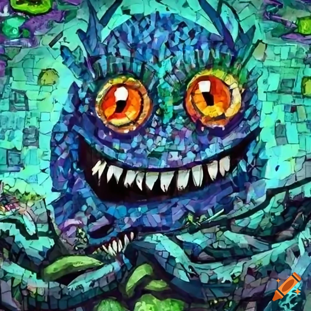 Adorable monster in a mosaic background drawn by a child on Craiyon