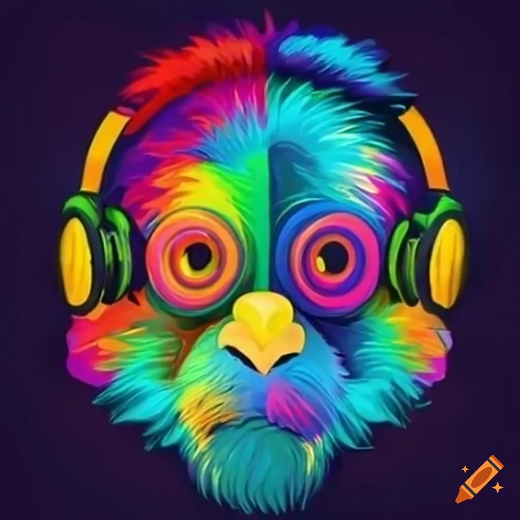 Colorful monkey spinning records behind a deejay table with headphones ...