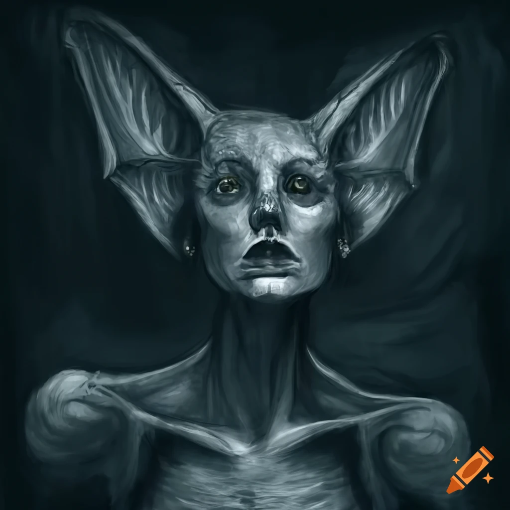Julia voth as humanoid bat monster with ears and wings in a dark cave ...