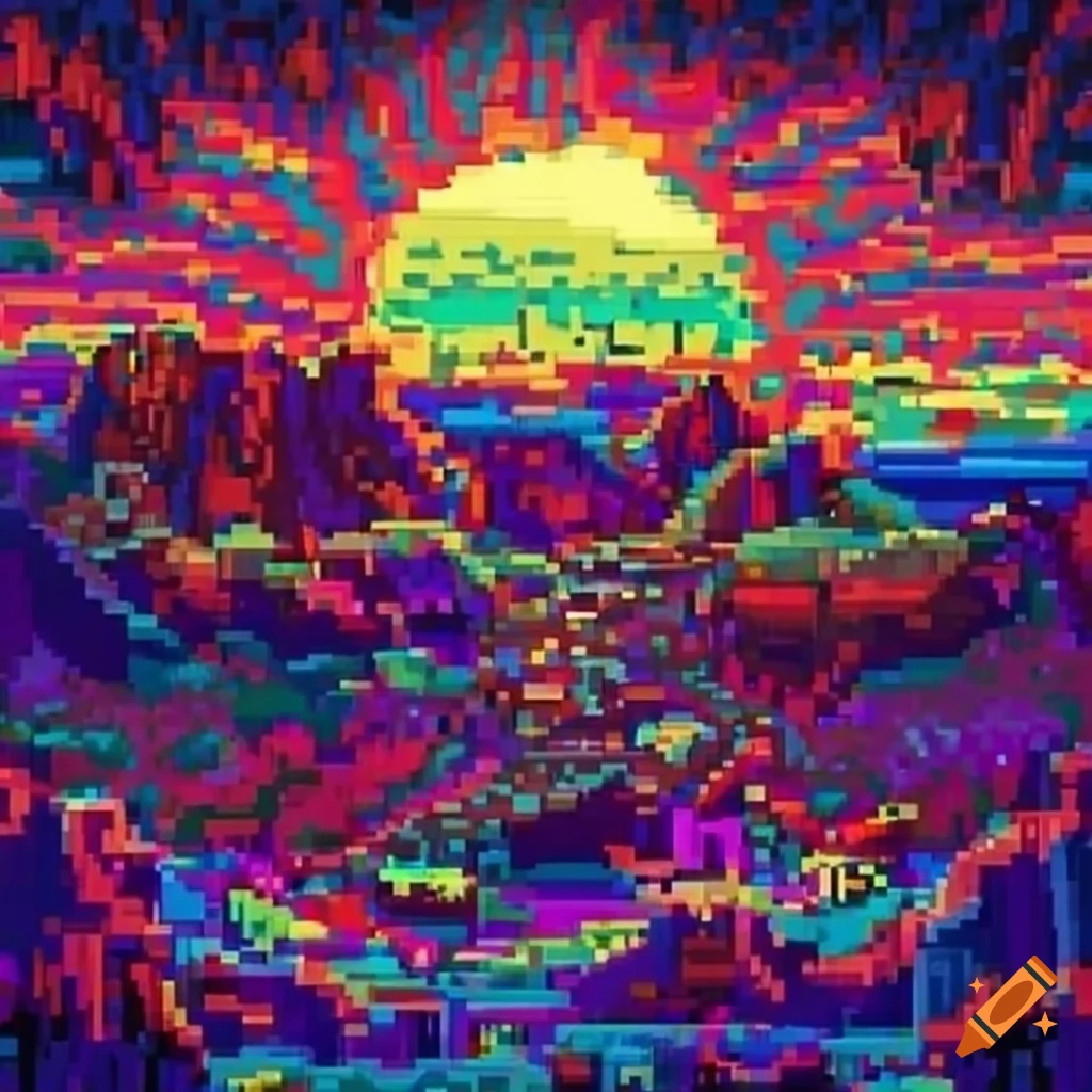 Psychedelic pixelated landscape in 90s game style on Craiyon
