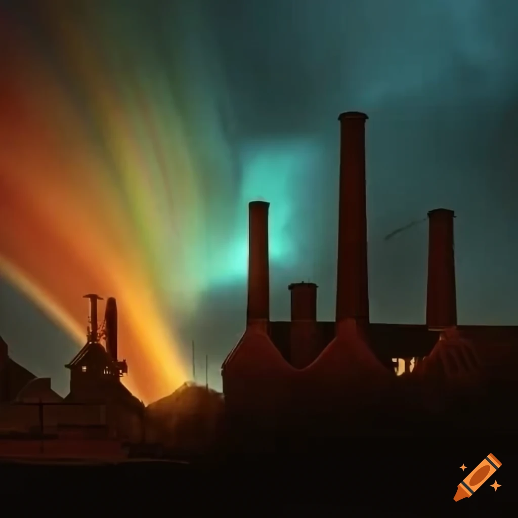 Victorian era factory with rainbow steam from smokestack on Craiyon