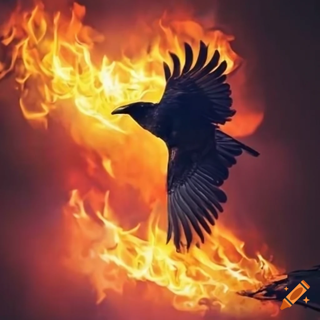 Flying crow engulfed in flames on Craiyon