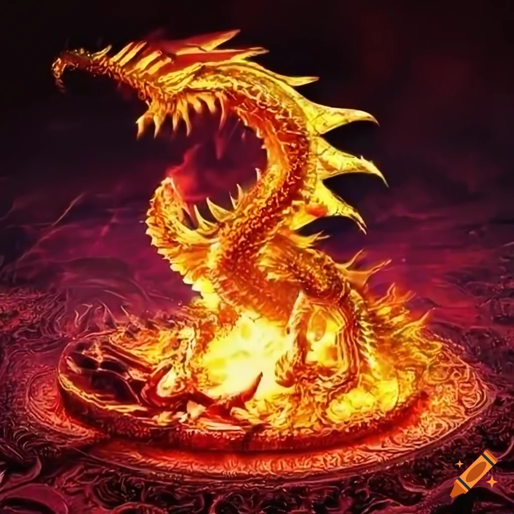 Fire dragon with red spikes in a lair of gold on Craiyon