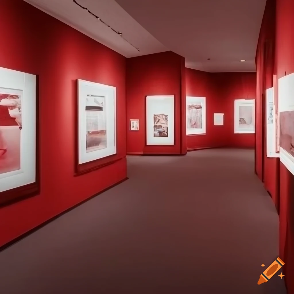 Red and white experiential exhibition in a museum on Craiyon