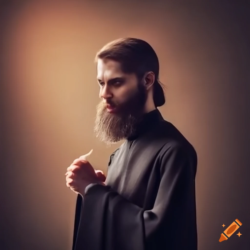 Young Catholic priest with long beard in a confessional on Craiyon