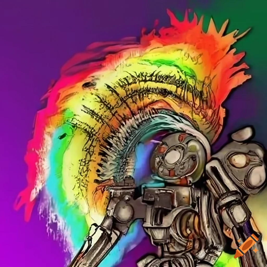 Realistic old punk robot with weapons and mohawk in an apocalyptic ...