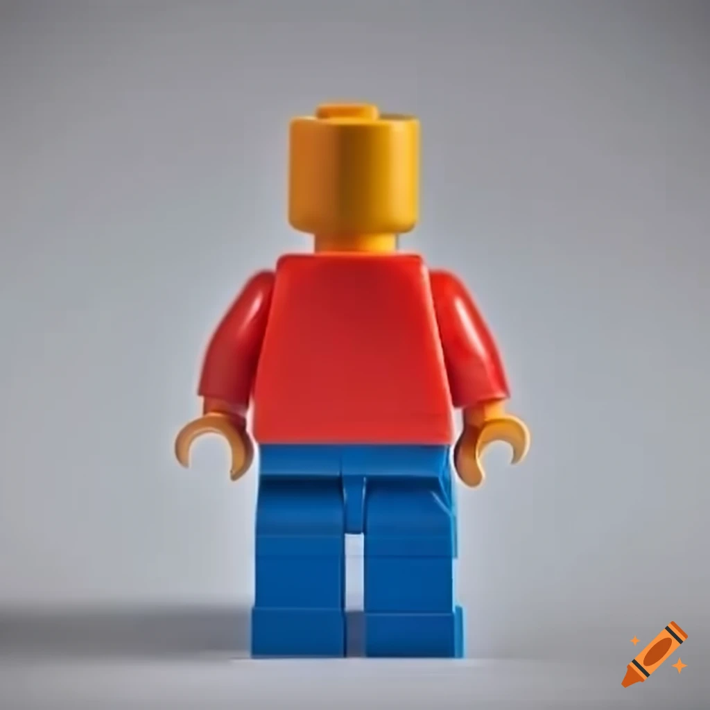 Lego figure with red shirt and blue pants on white background on Craiyon