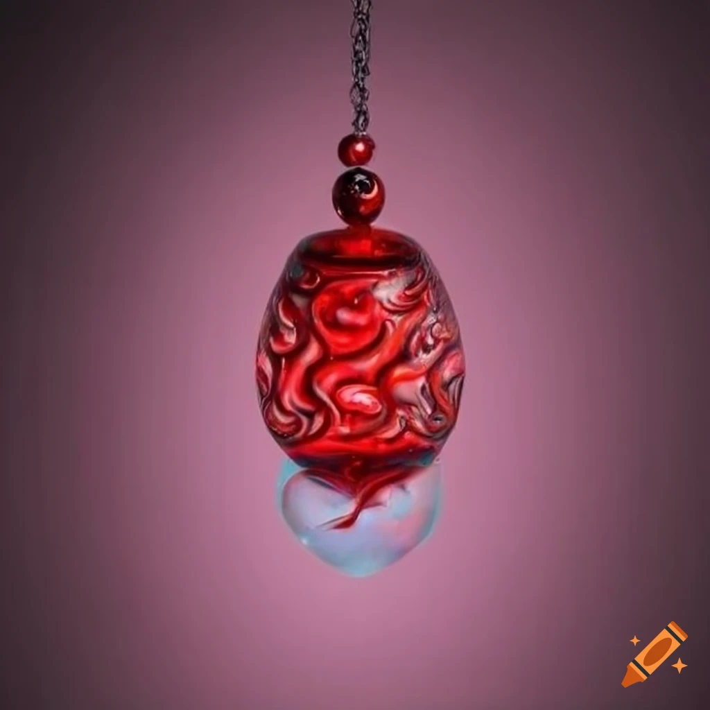 Shimmering amulet with intricate patterns and swirling red liquid in a ...