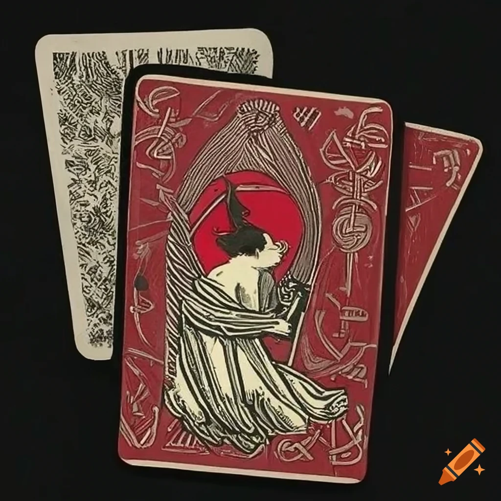 The Fool Tarot Card with intricate woodcut Norse Runes in red copper ...