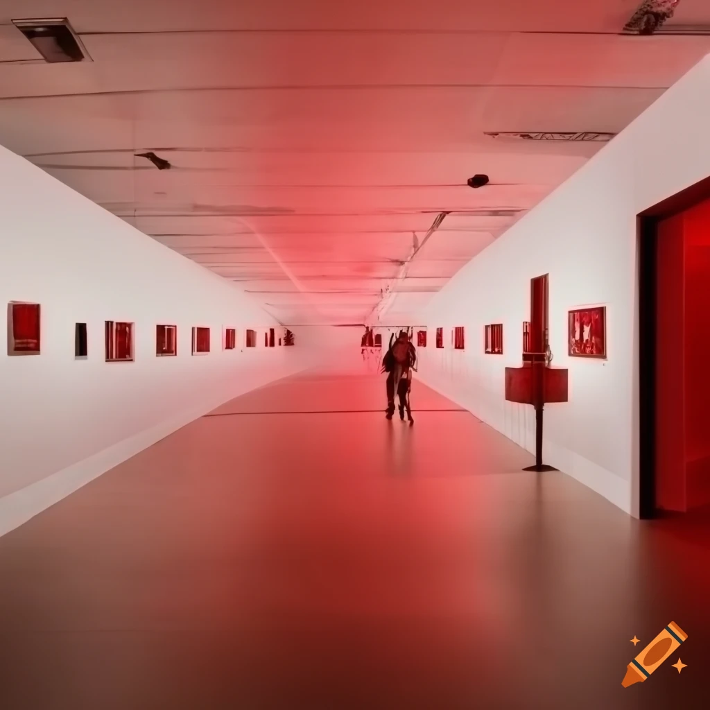 Red and white experiential exhibition in a museum on Craiyon