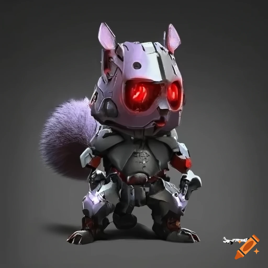 Cyborg squirrel with red eyes and metal armor on Craiyon