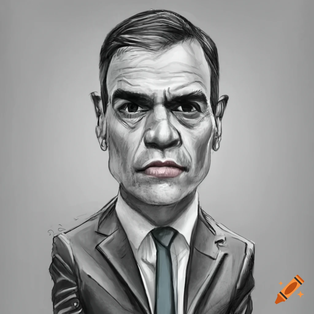 Caricature of Pedro Sánchez with a dramatic expression in black and ...
