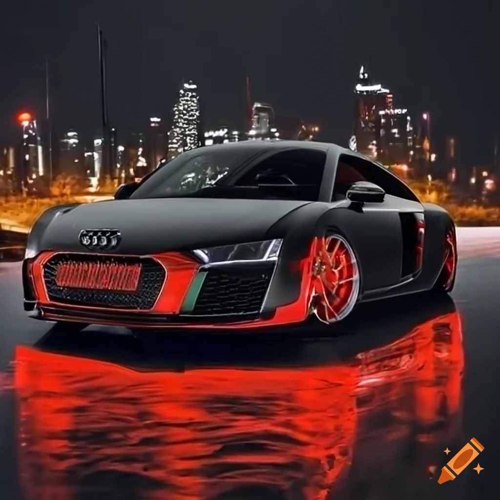 Matte black audi r8 against cityscape backdrop in the rain with orange ...