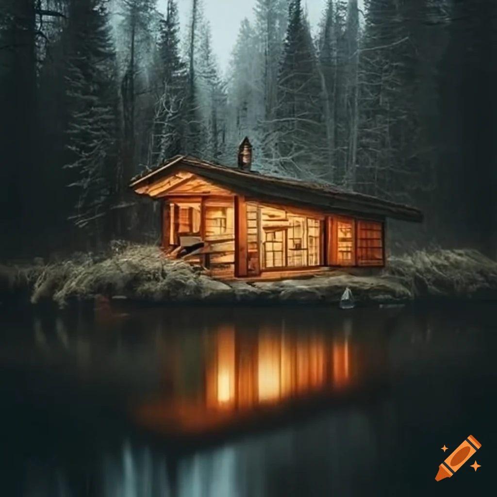 Cozy small wooden house on a forest plot by the lake on Craiyon