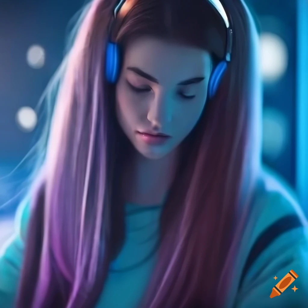 Woman with long brown hair wearing gaming headphones on Craiyon