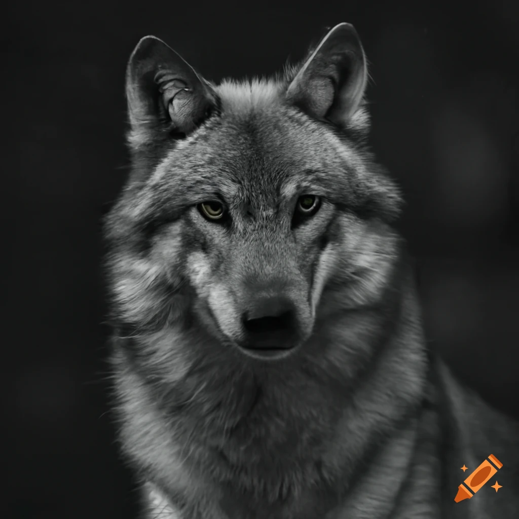 Russian wolf with blind left eye in black and white on Craiyon