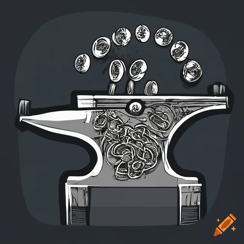 Blacksmith hammer and anvil with coins on Craiyon