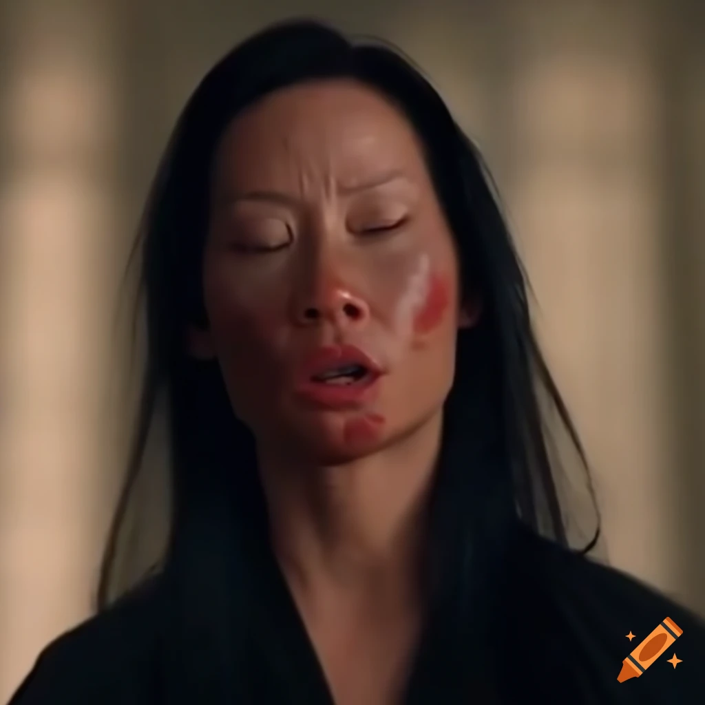Bruised Lucy Liu martial fighter wobbling with stunned expression on ...