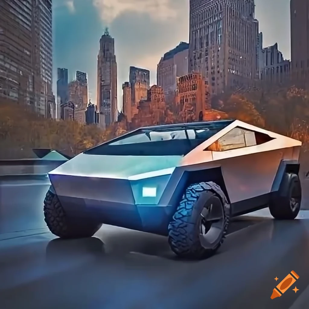 Cinematic image of a Tesla Cybertruck racing in Central Park, New York ...