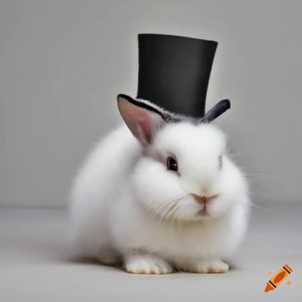 Cute fluffy white baby bunny wearing a fancy top hat on Craiyon
