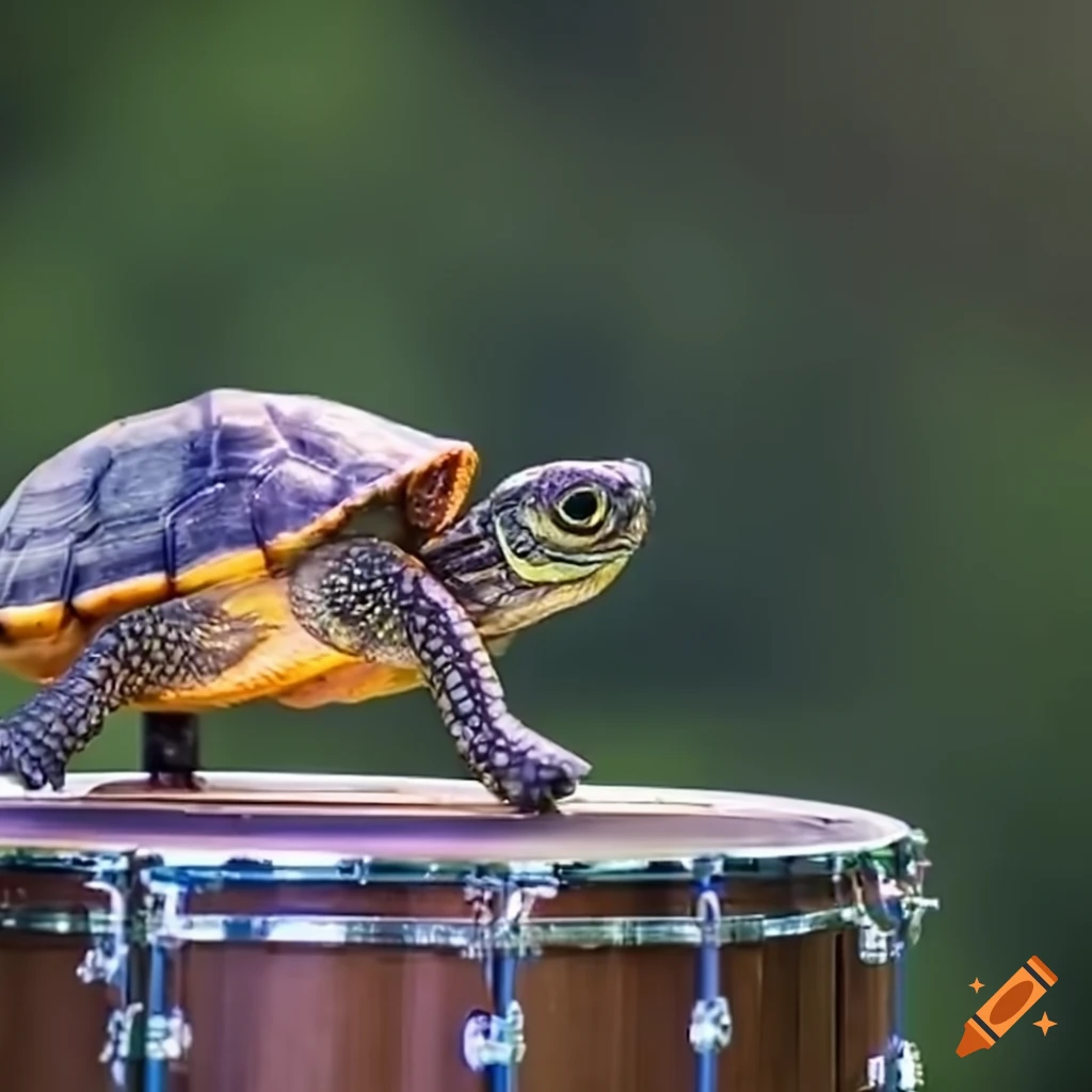 Young purple turtle playing a drum kit on Craiyon