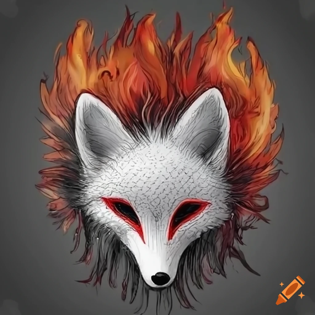 Red and white fox mask with fiery hair and nine fox tails on Craiyon