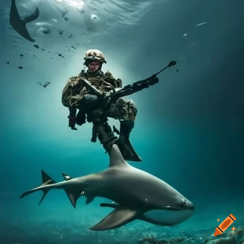Soldier riding a shark on Craiyon
