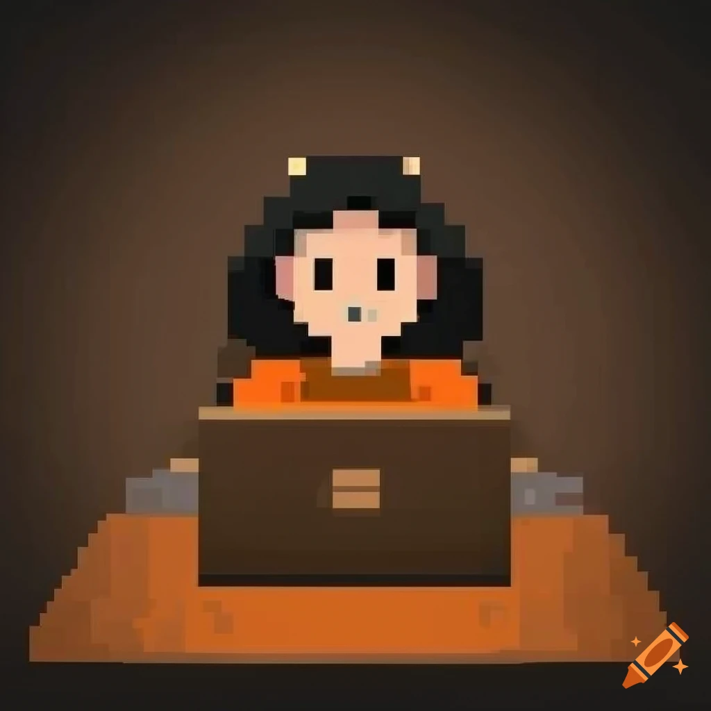 Girl using computer in dim room with muted orange and brown pixel art ...