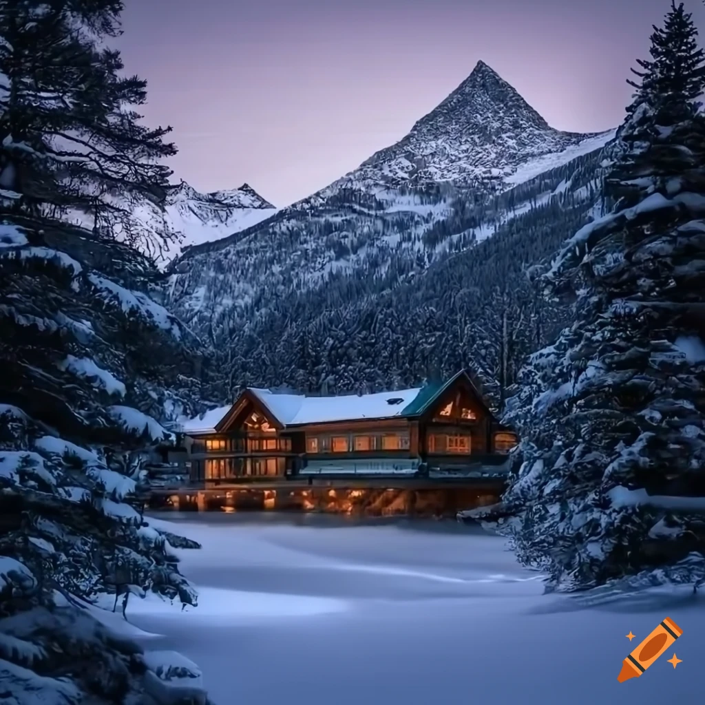 Luxury lodge in winter surrounded by snowy peaks and a flowing river ...