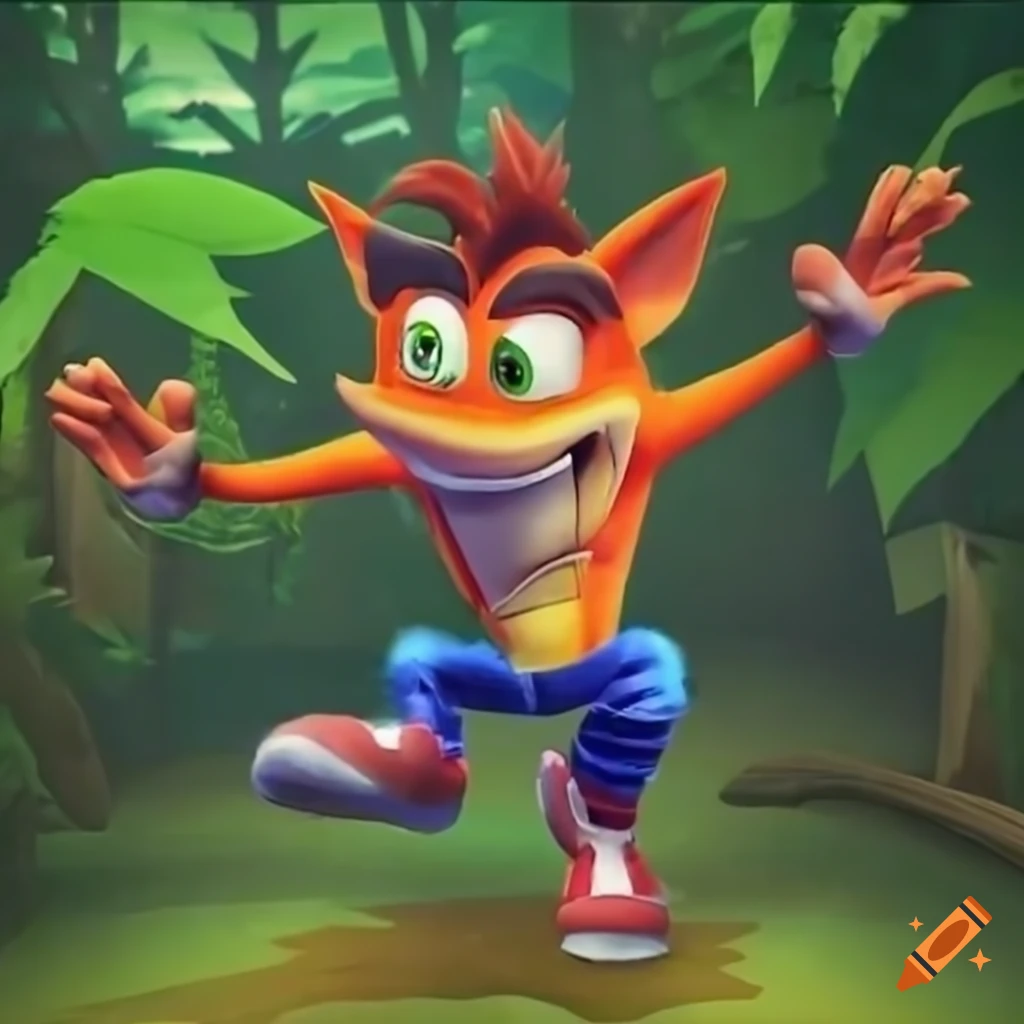 Crash bandicoot running through a lush rainforest on Craiyon