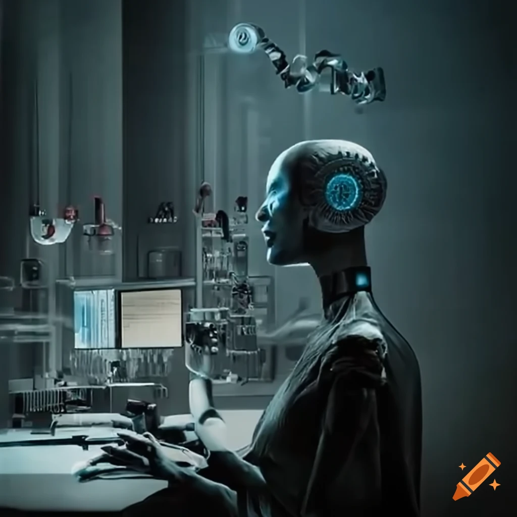 Humanoid ai machines working in an old office on Craiyon