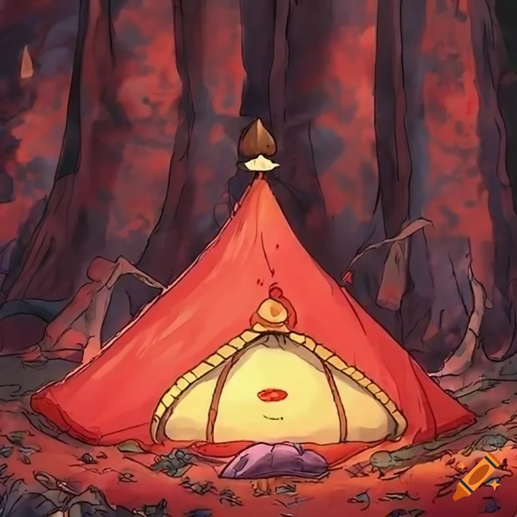 Studio ghibli drawing of a red tent on Craiyon