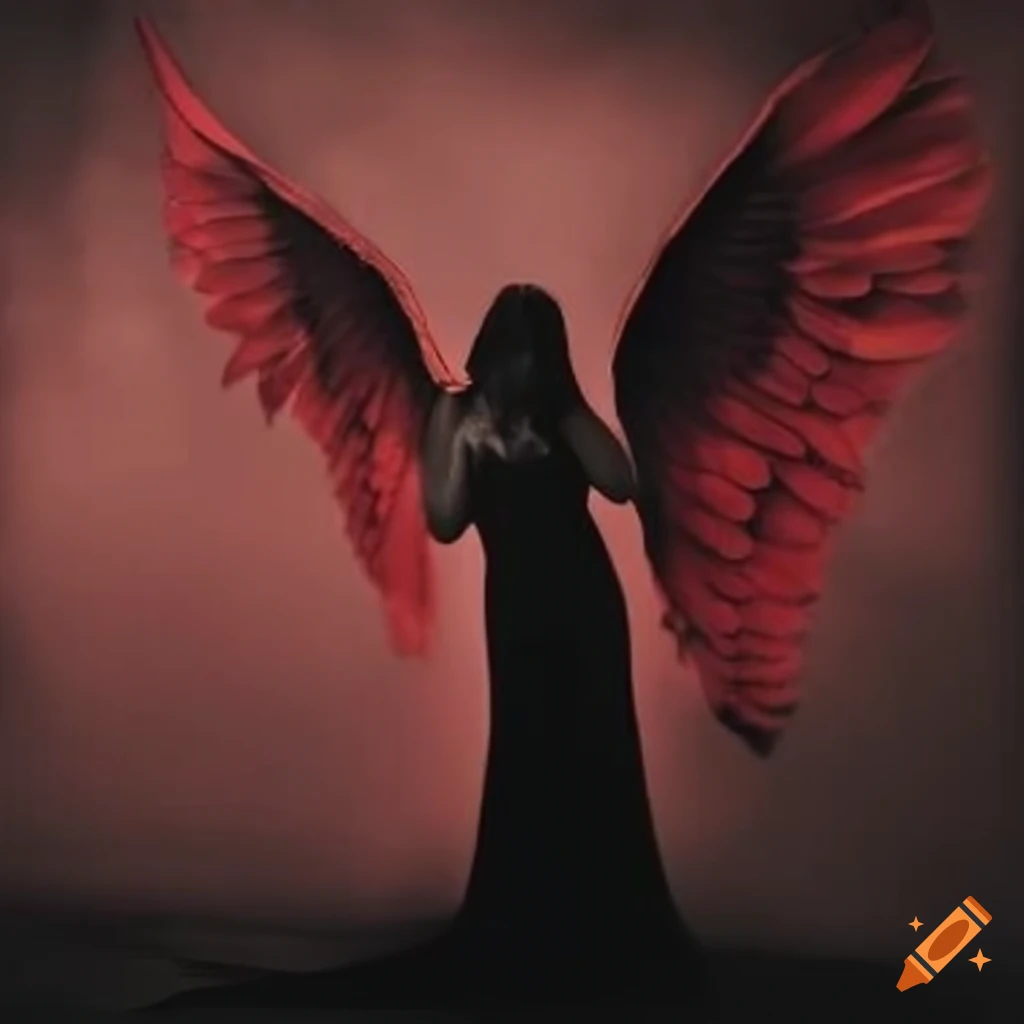 Angel with tattered wings in red and black color scheme on Craiyon