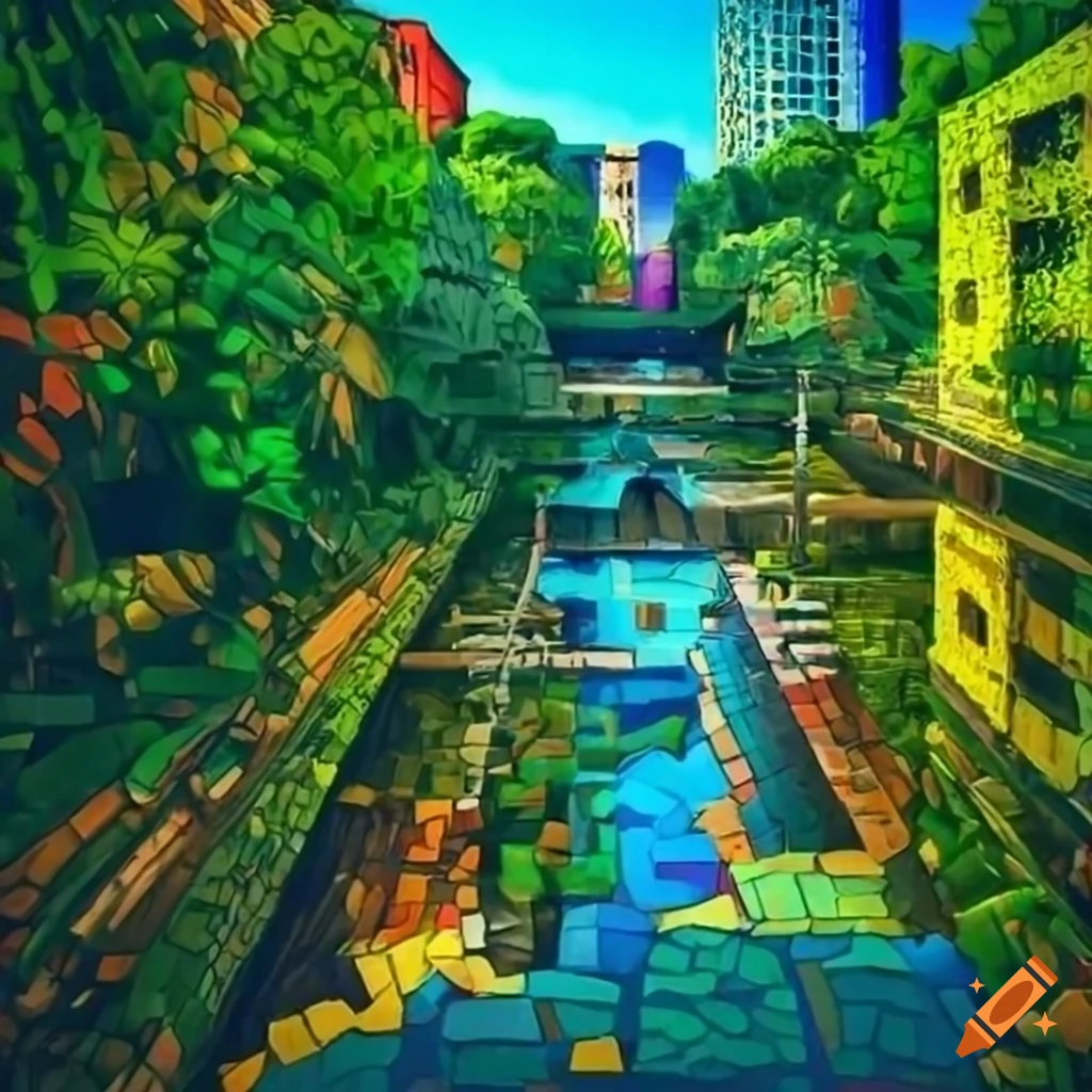 Vibrant urban landscape with colorful mosaics and lush vegetation on ...