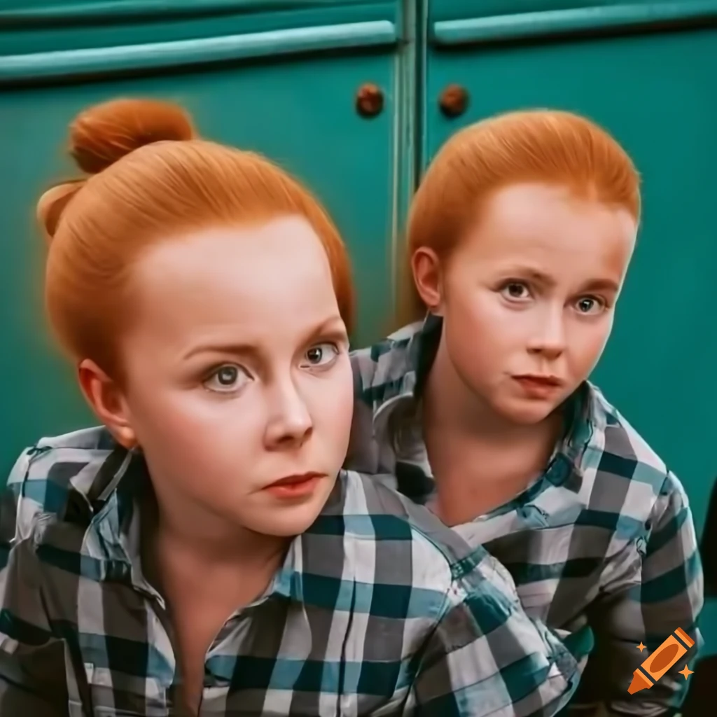 Two ginger female twins standing in a caravan trailer doorway on Craiyon