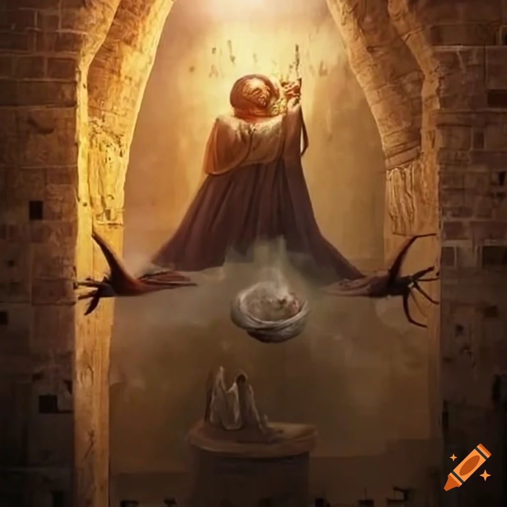 Ancient babylonian wizard floating in a tomb on Craiyon