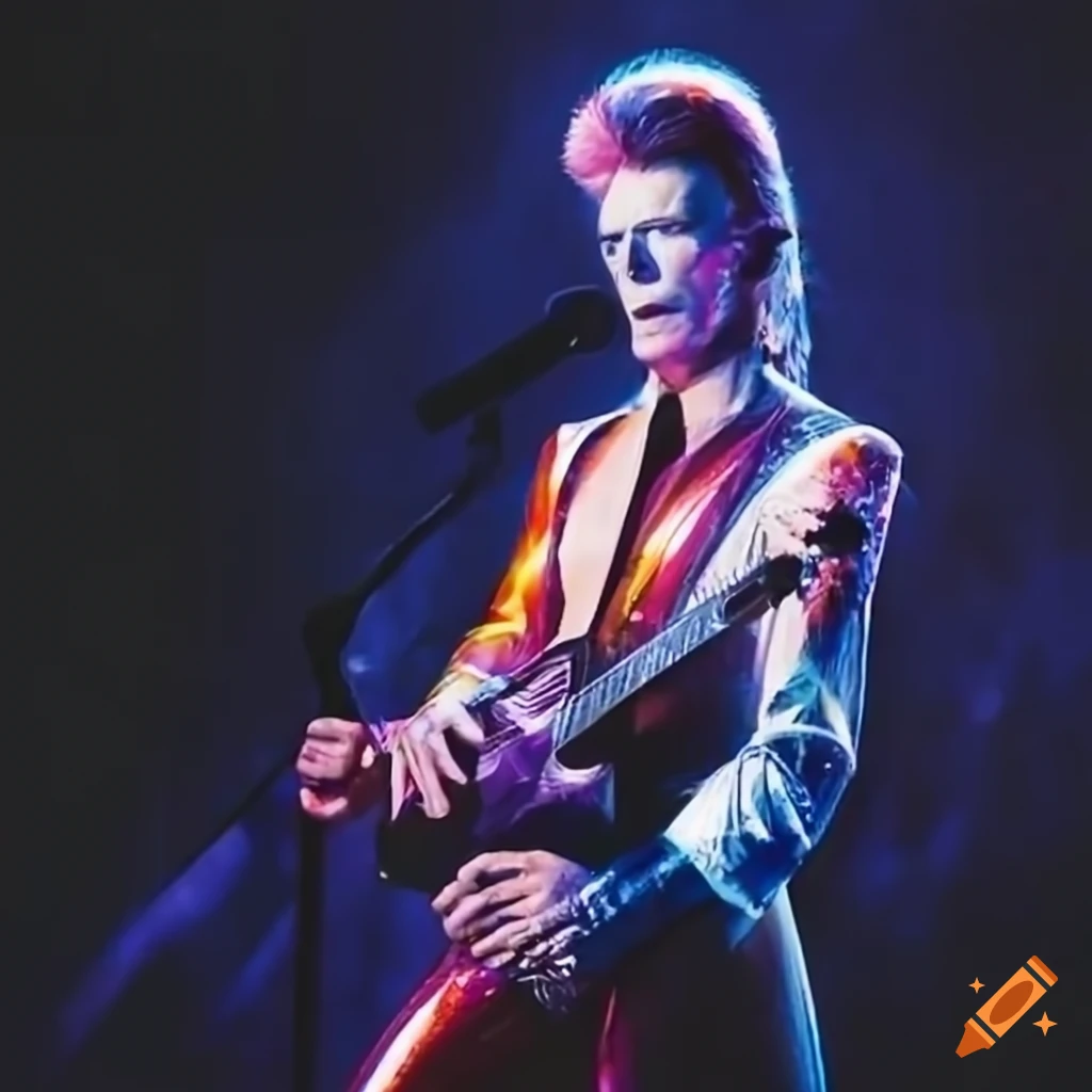David Bowie as Ziggy Stardust playing electric guitar in a creative ...
