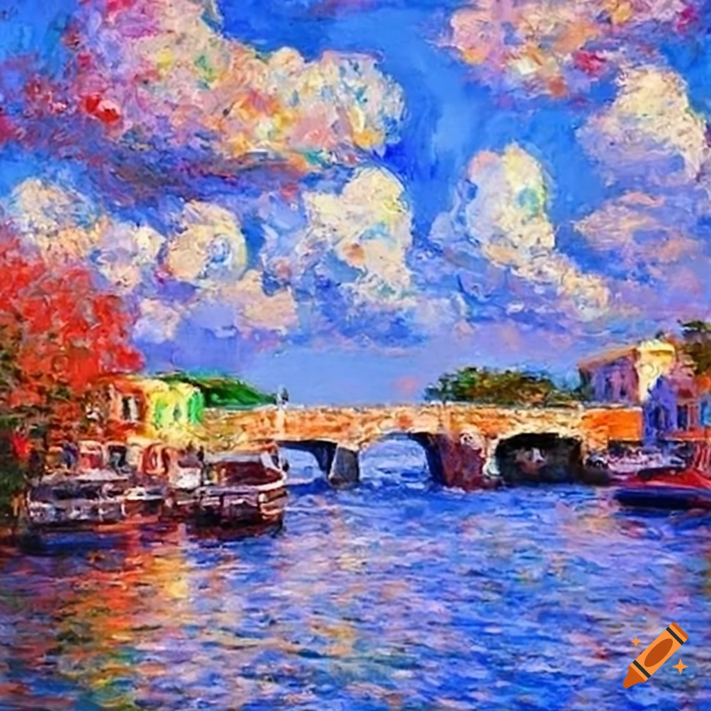 Monet style impressionism painting of a town waterfront with boats and ...