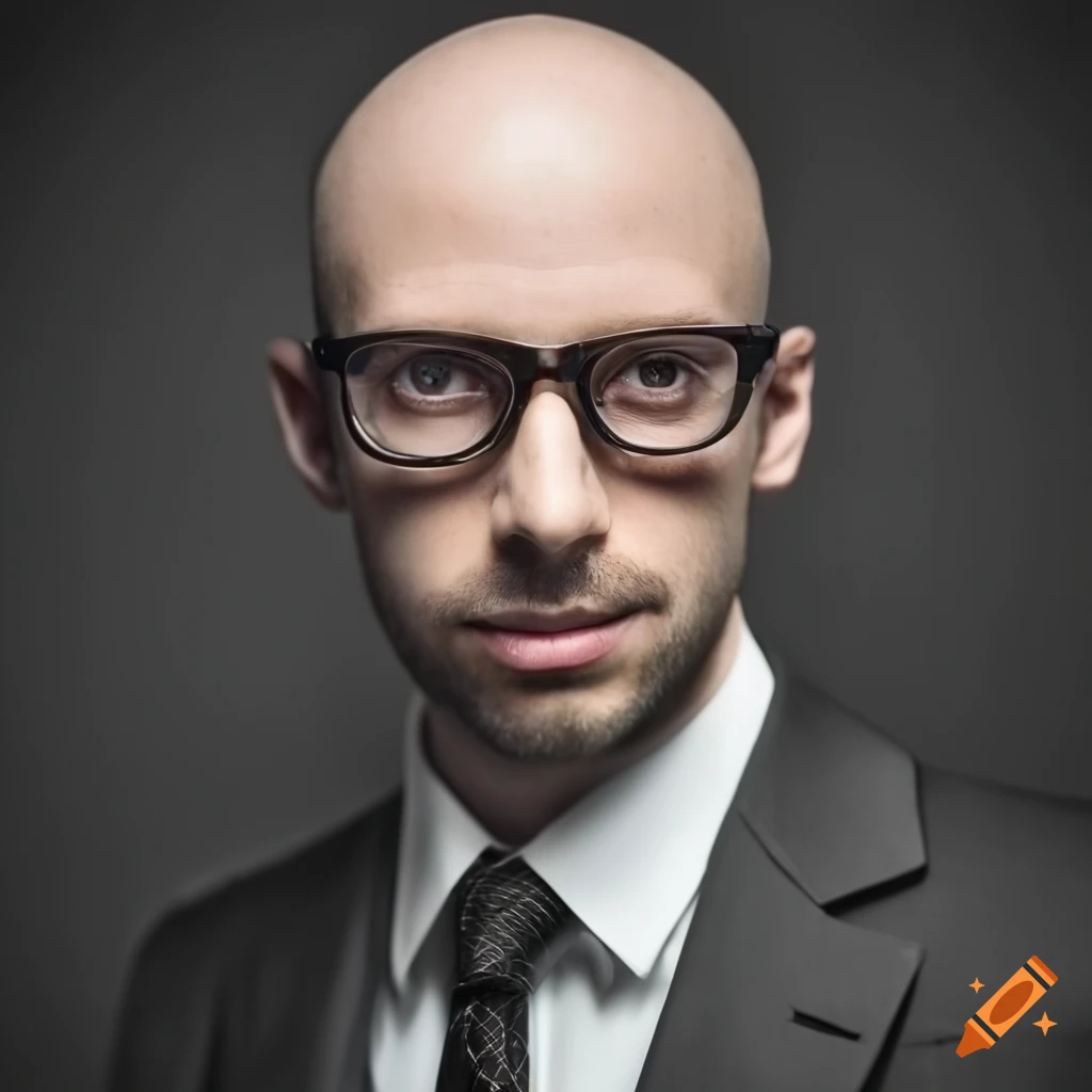 Close-up of a bald engineer in glasses and a black and white suit on ...